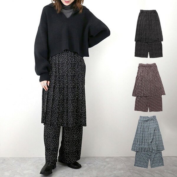 イージーパンツ ロングパンツ レイヤード ラップ プリーツ 花柄 ドット 12分丈 ウエストゴム パンツ ボトムス レディース ブルー ピンク ブラック【カラー】ブルー ピンク ブラック【サイズ】（パンツ）ボトム丈100cm ウエスト64c...