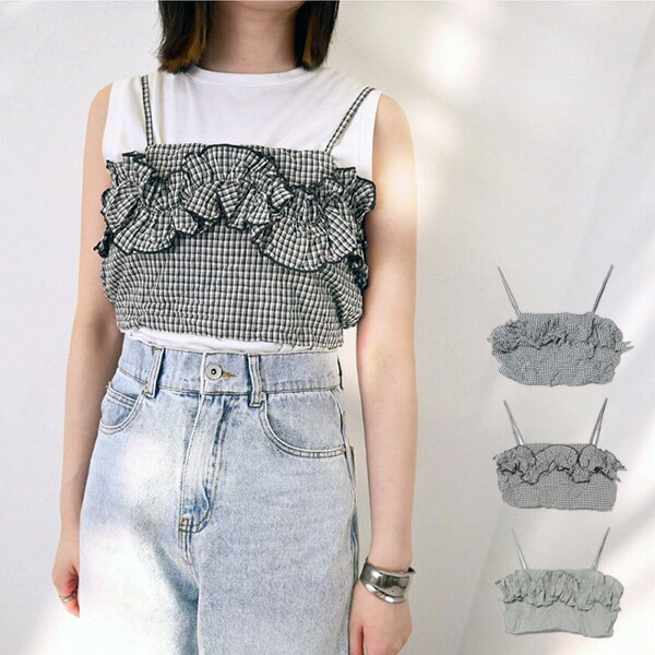 キャミソール ビスチェ フリル チェック　トップス レディース ブルー グリーン ブラック【カラー】ブルー グリーン ブラック【サイズ】着丈37cm バスト85cm（ゴム100cm） 裾周り75cm（ゴム100cm）【素材】表地：ポリエステ...