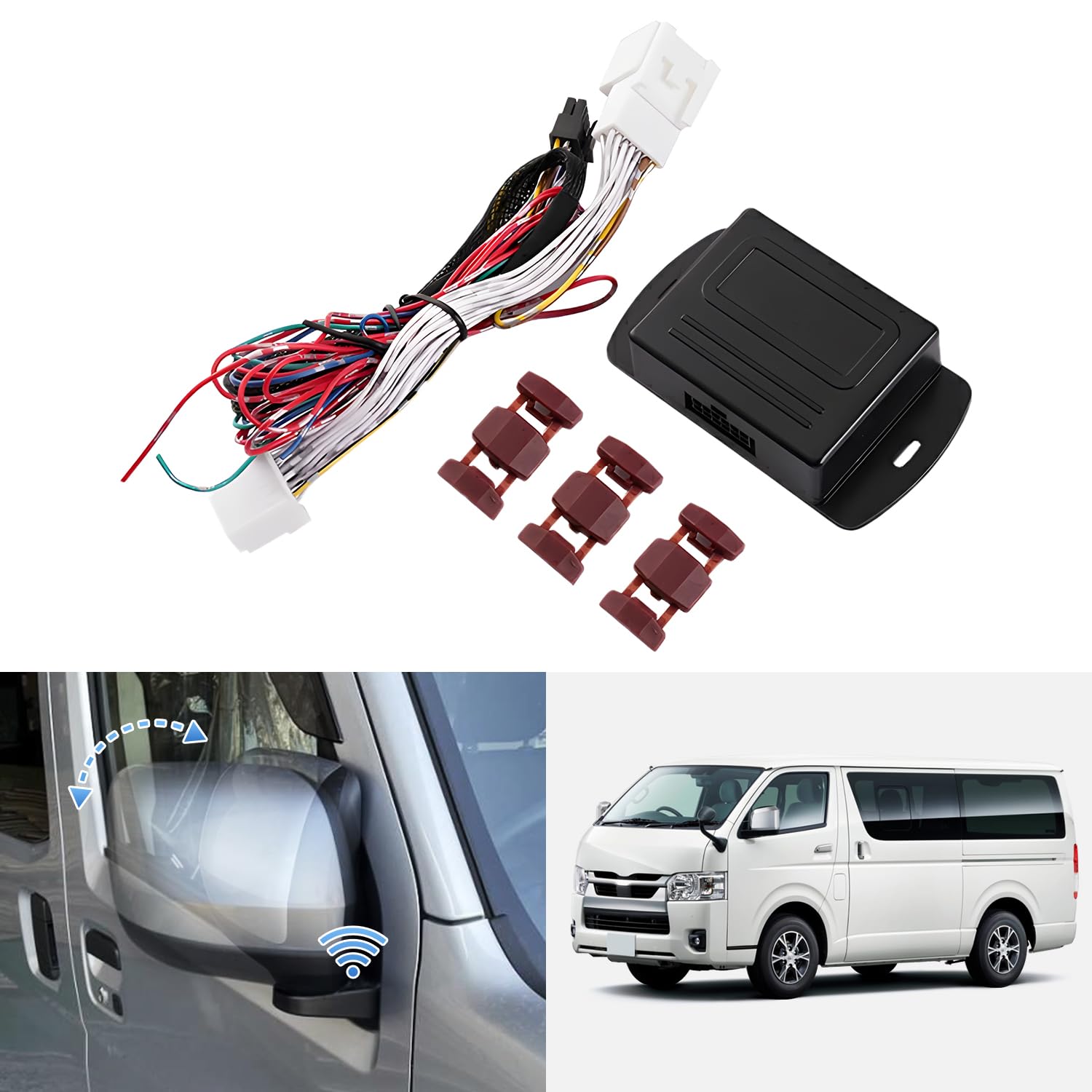 1．【適合車種】トヨタ ハイエース・レジアスエース 200系 4型/5型/6型/7型/8型；※1~3型には対応不可 ；年式：2022年4月〜；セット内容：本体×1、配線×1、エレクトロタップ×3、取付説明書×1。対応電圧：12V。※純正では...