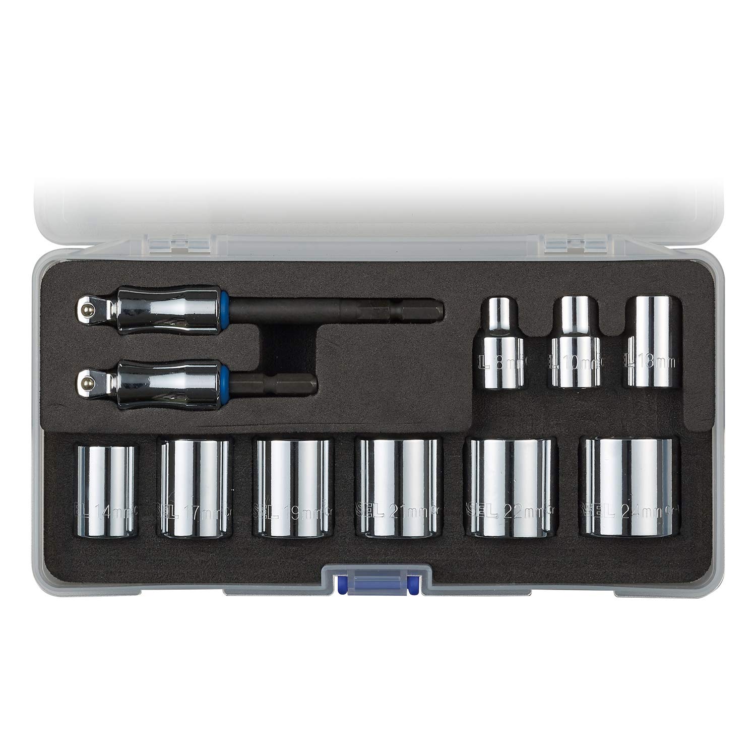 ショートソケット：対辺8/10/13/14/17/19/21/22/24mm…各1個、差込角9.5mm (3/8インチ)アダプター：首振りタイプ　全長77mm、115mm…各1本　ソケット差込角9.5mm (3/8インチ)収納、保管に便利な...