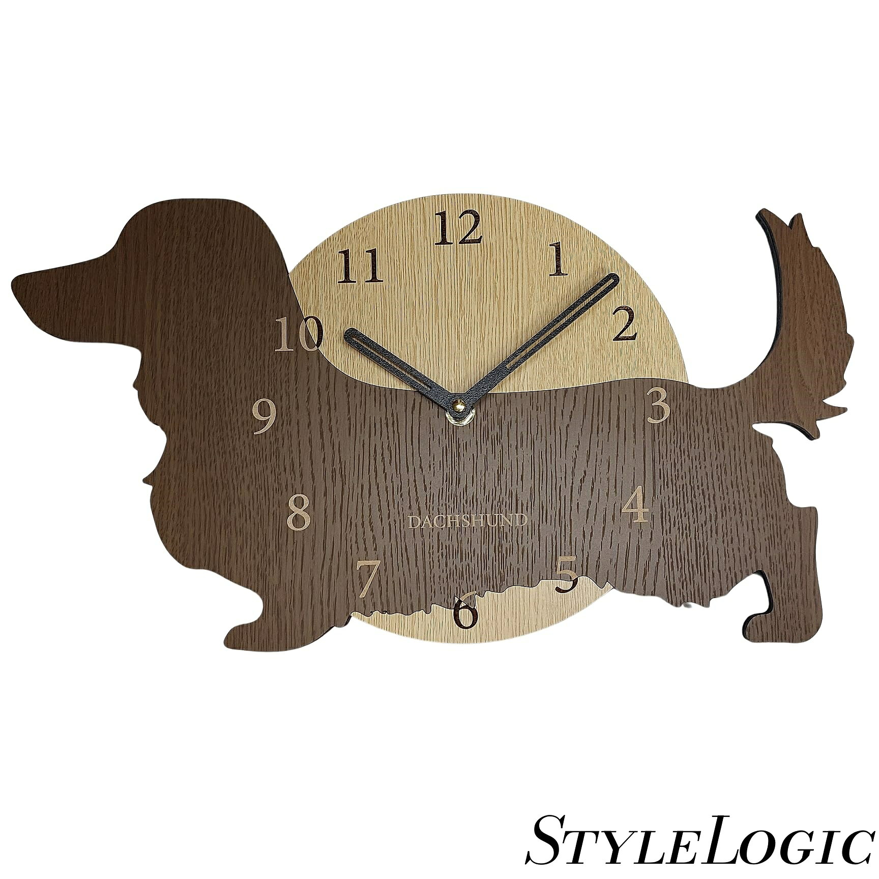ワンちゃんのシルエットにカチカチと音がしない静音タイプの時計がマッチング。大好きなワンちゃんと時を重ねられる可愛い壁掛け時計です。木目のプリントを施した板に数字を切り抜き、下地に厚みのある板を貼り合わせた高級感ある仕上がりで、和室・洋室・リ...