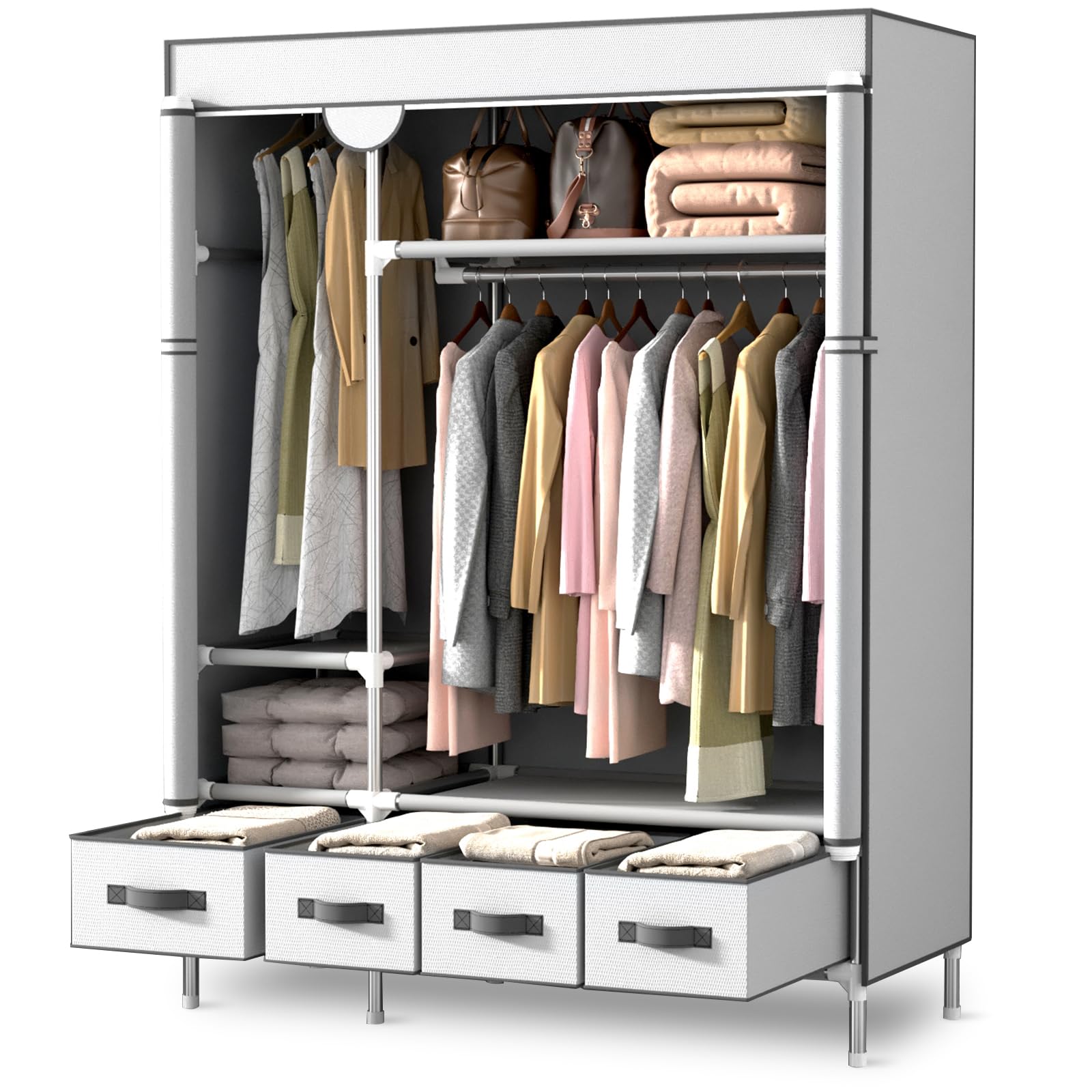 【多機能ワードローブ】当クローゼットは4つの引き出しと2つのハンギングスペースを備えており、一人暮らしも複数人用も対応できる収納ニーズに応えます。引き出しには下着、靴下、バッグ、ペット用品などの小物類をたくさん収納可能。ハンギングスペースは...