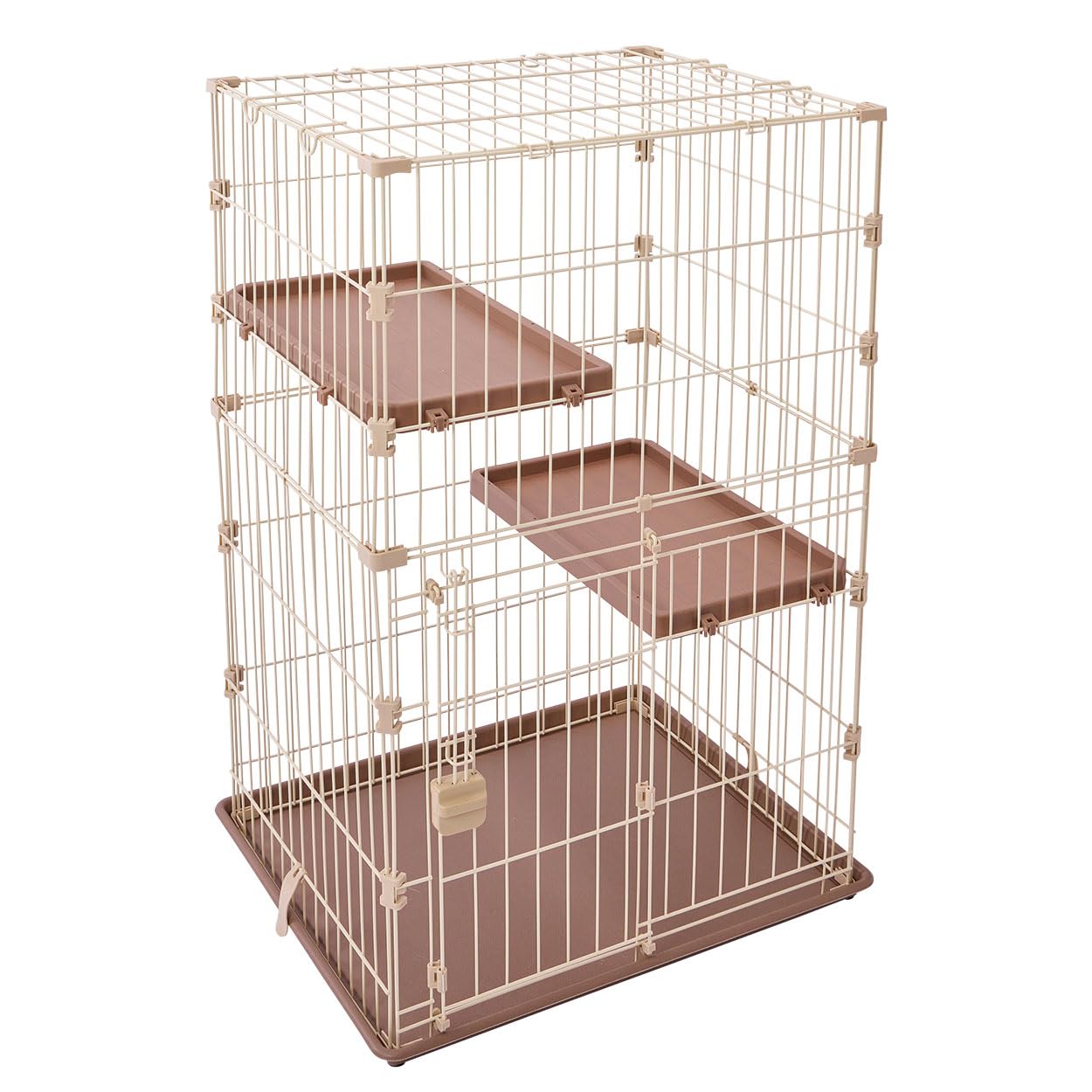 インテリアに合わせやすいナチュラルカラー！飛び出し防止の屋根付きキャットケージ！ 原材料　：　フェンス：鉄、トレー：ABS樹脂、スッテプ：ポリプロピレン、プラスチックパーツ：ABS樹脂・ポリプロピレン商品情報 詳細情報 色 &lrm;ナチュ...