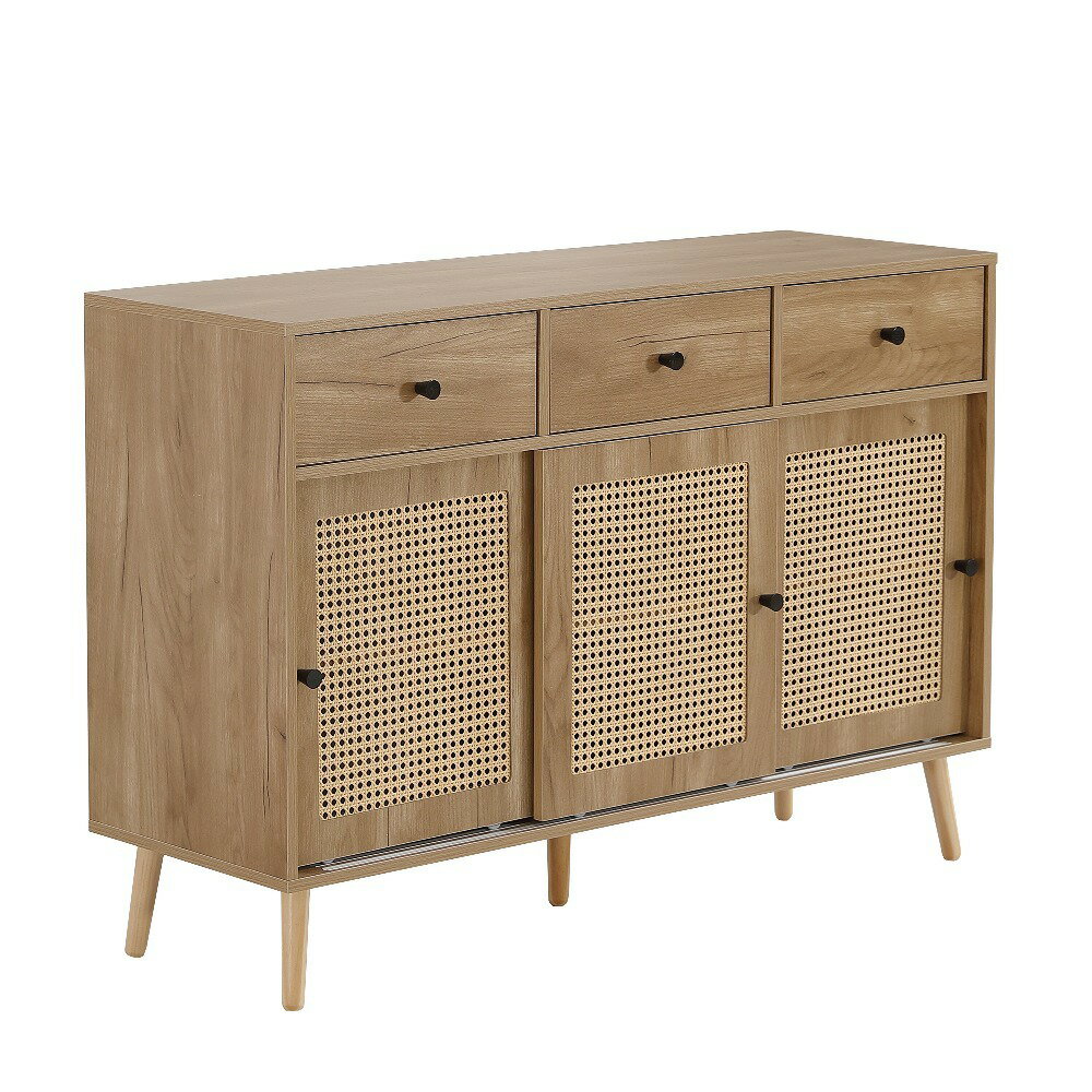 商品概要天然木のような温かみある木目調デザインと、軽やかなラタン調のアクセントを組み合わせた収納キャビネットです。幅120cmの広々とした天板と、大容量の収納スペースで、リビング寝室玄関ランドリーなど幅広いシーンに馴染みます。扉付き収納、引...