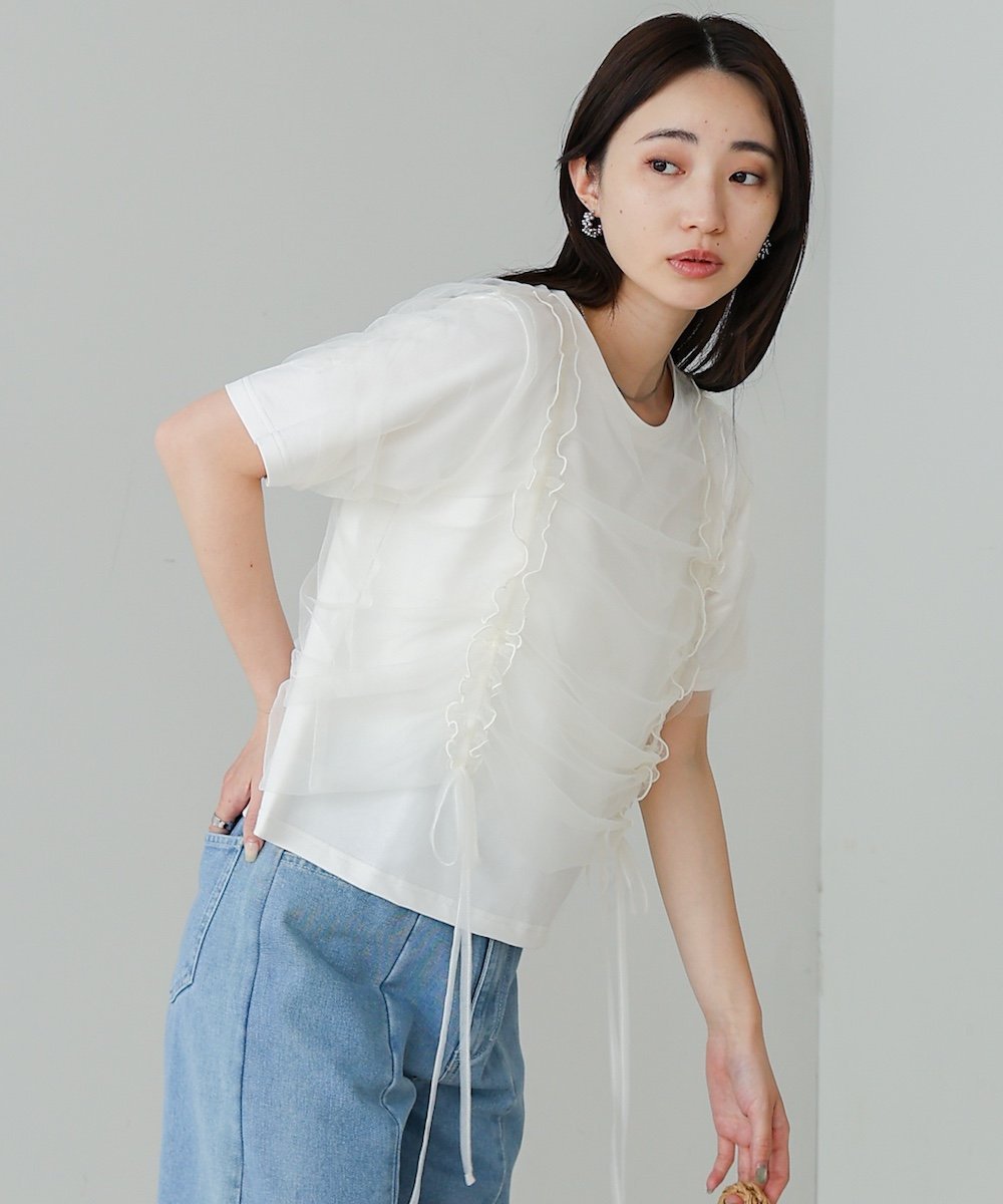 Bab / Bou Jeloud（バブ / ブージュルード）チュールギャザーTシャツ●Bab●■POINTフロントに施したチュールギャザーが印象的な、大人可愛いTシャツ！シンプルなTシャツにふんわりと重なるチュールが立体感をプラスし、着るだ...