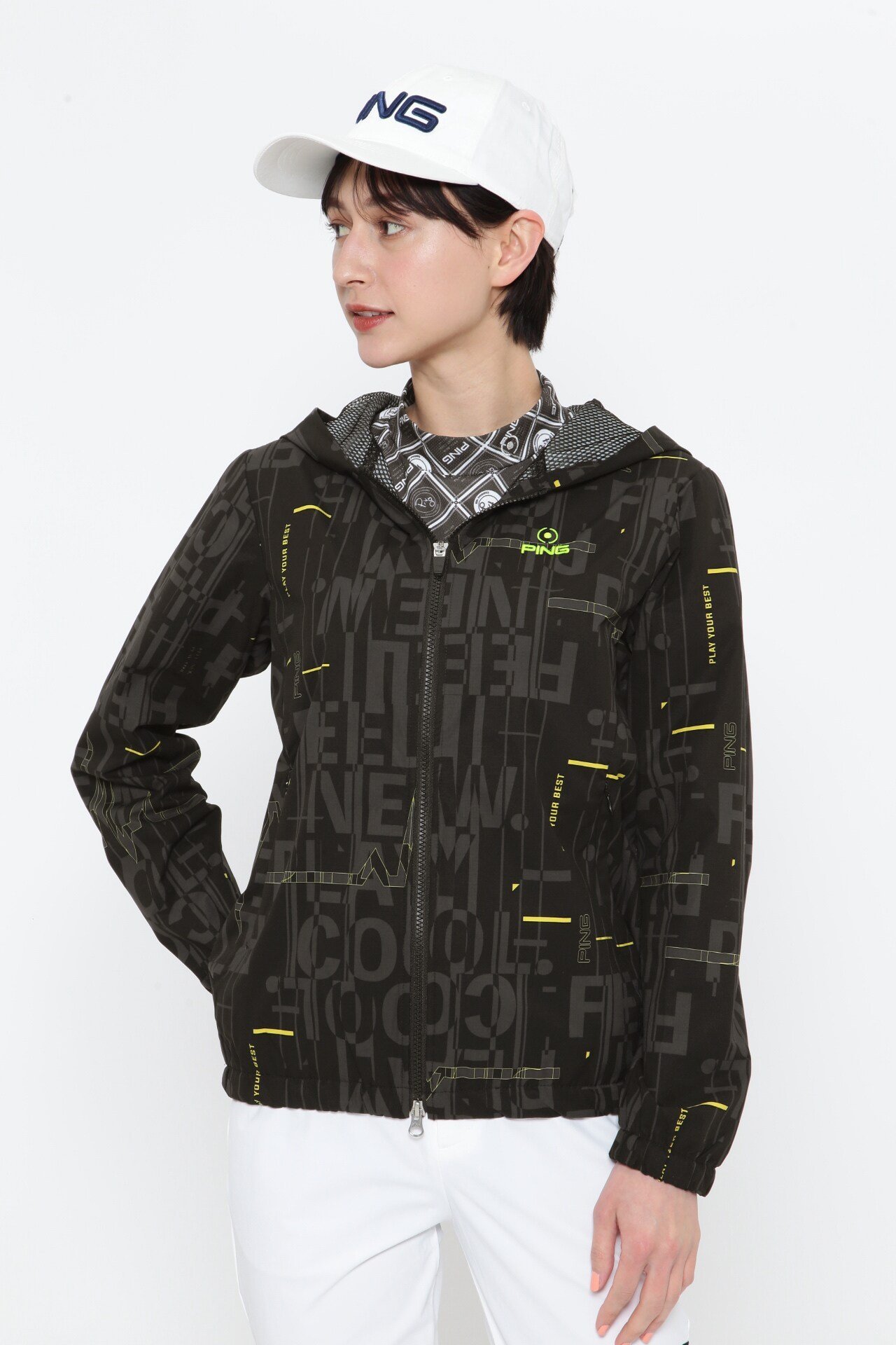 PING APPAREL（ピン アパレル）デジタルノイズプリントリップ撥水総裏メッシュフーディブルゾン ＜PERFORMANCE＞ (LADIES)軽量、高撥水性、通気性など数々の高機能素材を使用した快適性と新鮮な迷彩調の総柄プリントが目を...