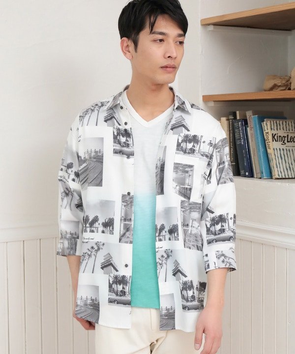 MEN'S BIGI（メンズ ビギ）ジョーゼットマテリアル フォトプリント7分丈レギュラーカラーシャツ.しなやかな落ち感が上品なジョーゼット生地を使用した7分丈シャツ。フォトプリントを施した2022S/Sの代表的なアイテム。【fabric】...