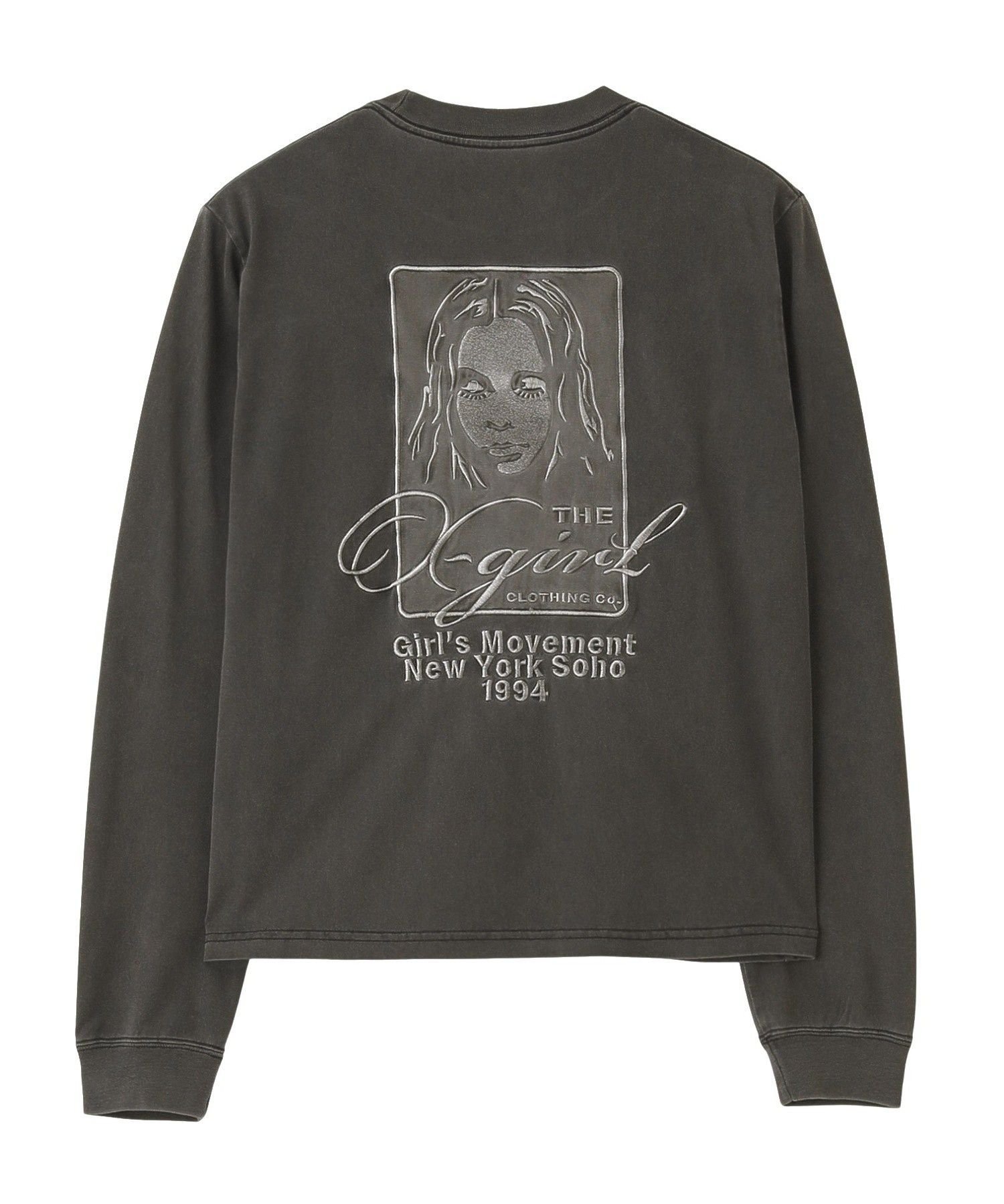 X-girl（エックスガール）PIGMENT DYED FACE AND LOGO SQUARE PATCH L/S TEE大人気のFACEロゴデザイン！ヴィンテージライクな主役級ロンT■デザインピグメント加工の風合いが印象的な長袖Tシャツ...