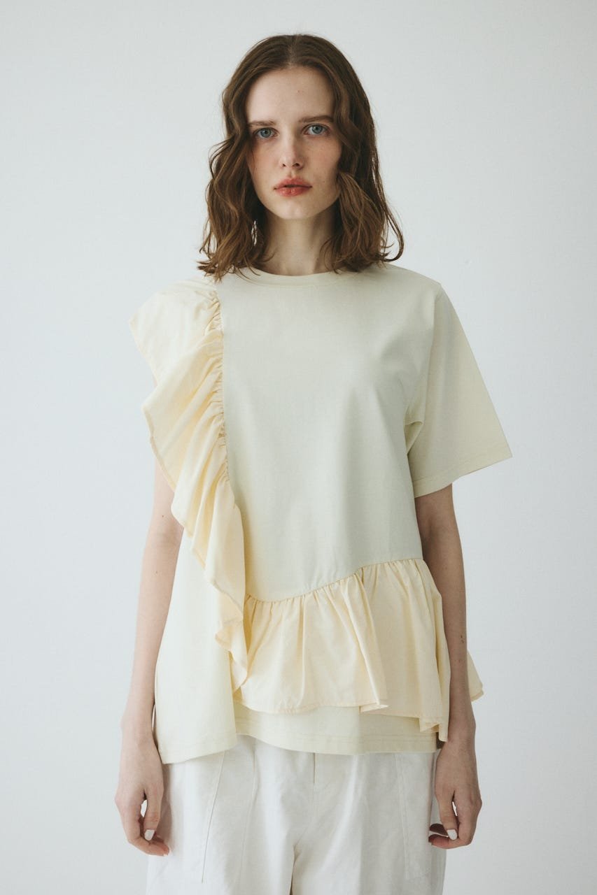 HeRIN.CYE（ヘリンドットサイ）Docking ruffle peplum topsフリルデザインが目を惹く、布帛とカットソーの異素材ドッキングトップス。アシンメトリーに施されたフリルデザインが存在感あり、着用するだけで気映えする一枚...