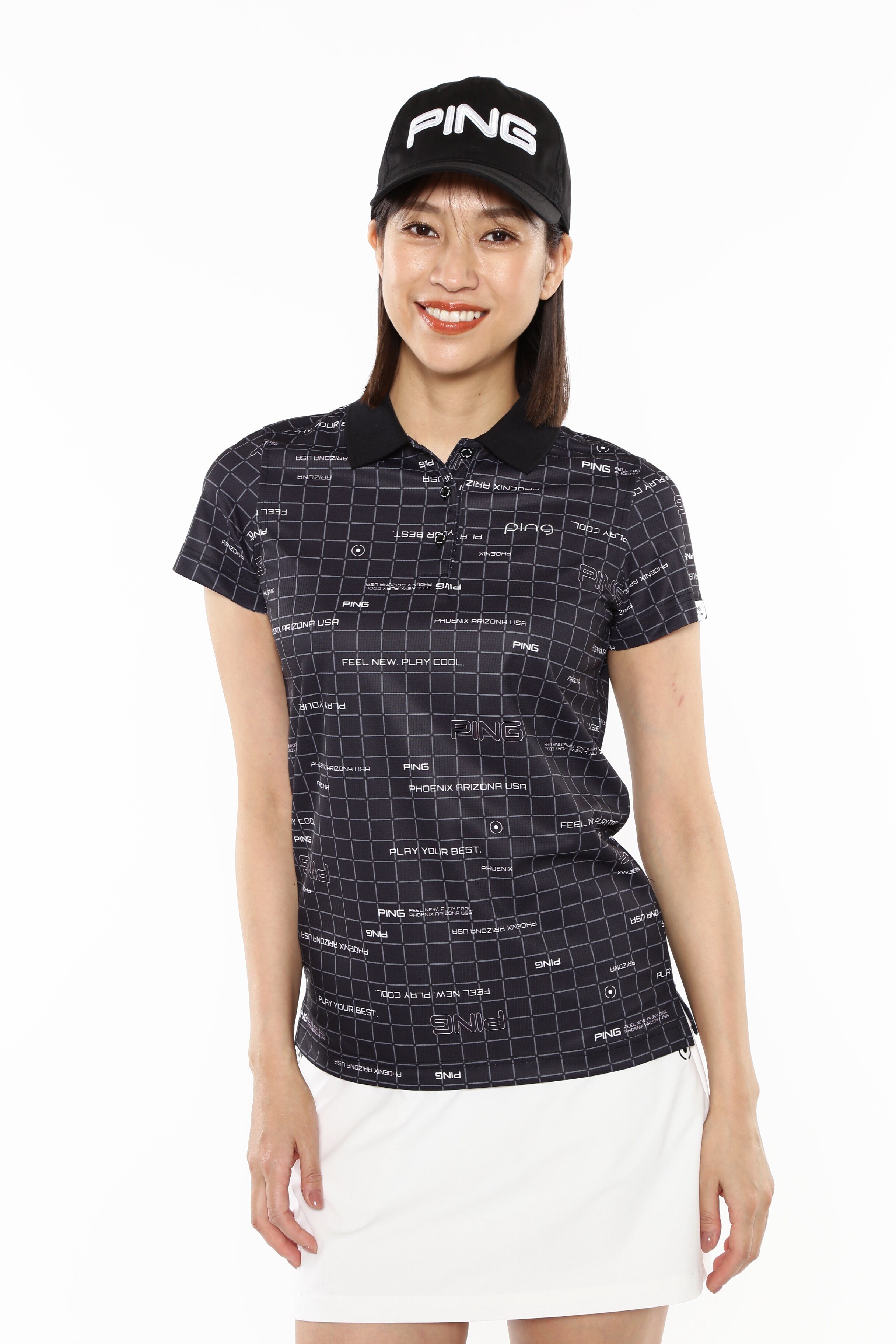 PING APPAREL（ピン アパレル）デジタルグリッド柄サラマックスUV半袖ポロシャツ ＜PERFORMANCE＞ (LADIES)シックなカラーのウインドペンチェックとレイアウトやデザインに変化をつけたPINGのロゴを総柄で表現した、...