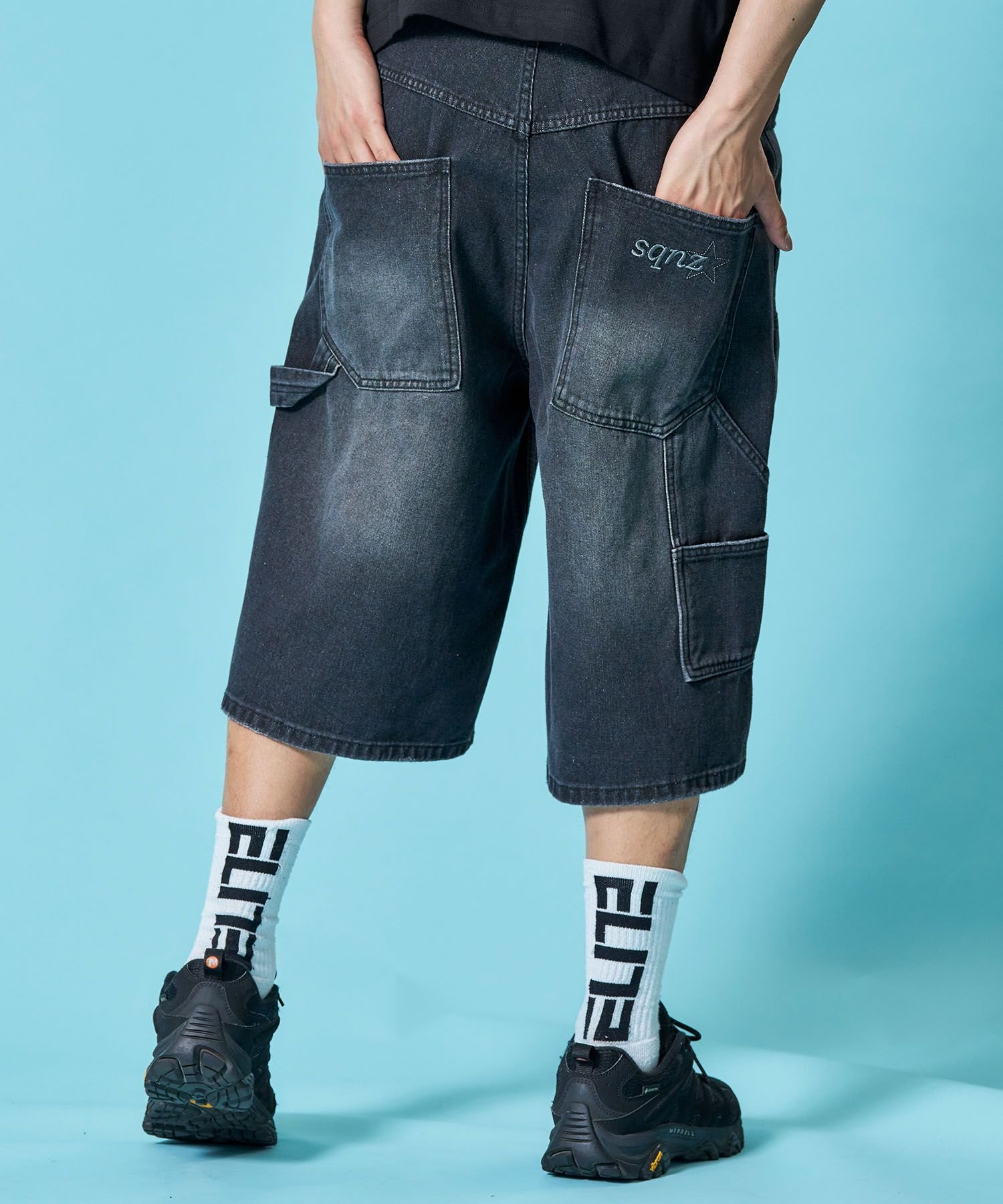 NAVAL（ナバル）※WEB限定 / ダブルニー加工 / ダメージデニムショートパンツ / sqnzU double knee denim shorts機能的なポケットワークと刺繍ロゴが映える、ヴィンテージ加工が特徴的なダブルニーデニムショ...