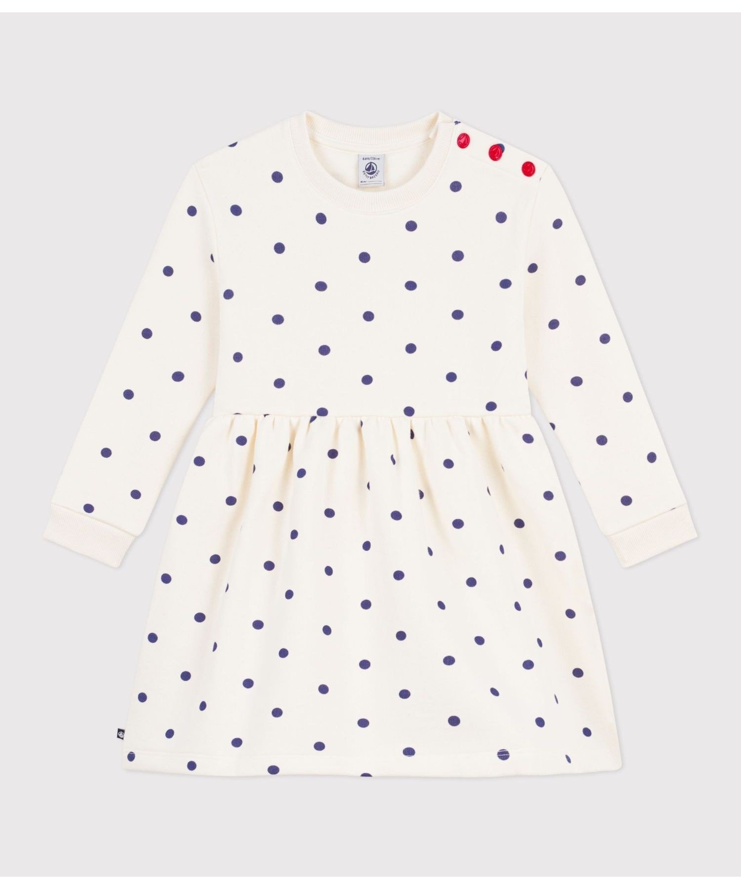 PETIT BATEAU（プチバトー）裏起毛ドットプリントワンピースドット模様がキュートな裏起毛の暖かワンピースパジャマです。ウエストの切り替えやギャザー、肩のロゴ刻印ボタンがデザインにアクセントをプラスしています。リラックスタイムから就寝...
