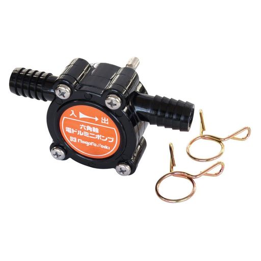 使用ホース内径:15mm 全揚程:約12m 揚水量:10~12L/min 適正回転速度:1600min-1 チャック取付軸径(シャフト):6.35mm