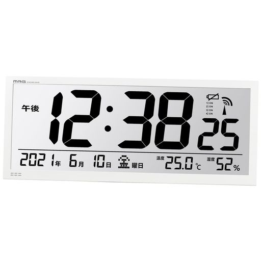 本体サイズ:(約)高さ22.6x幅55.1x奥行き3.0cm 本体重量:(約)1400g 機能・仕様:電波受信機能(自動受信/手動受信)、12/24時間表示切替、カレンダー表示、プログラムチャイム(最大設定数4回/1日)、温度表示、湿度表示...