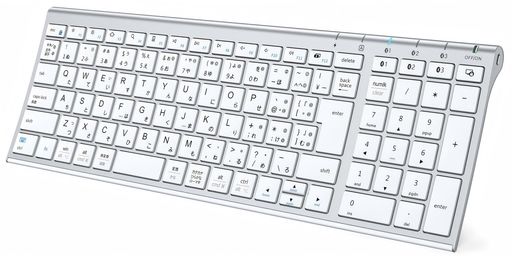 【テンキー付き日本語配列ブルートゥースキーボード】メールや原稿作成、数字を頻繁に入力する作業に最適、デスク上がスッキリするのがメリットです。3.95mm極薄の洗練されたボディ、シンプルでお洒落な外観、オフィスでも家でも使えます。本体寸法:3...