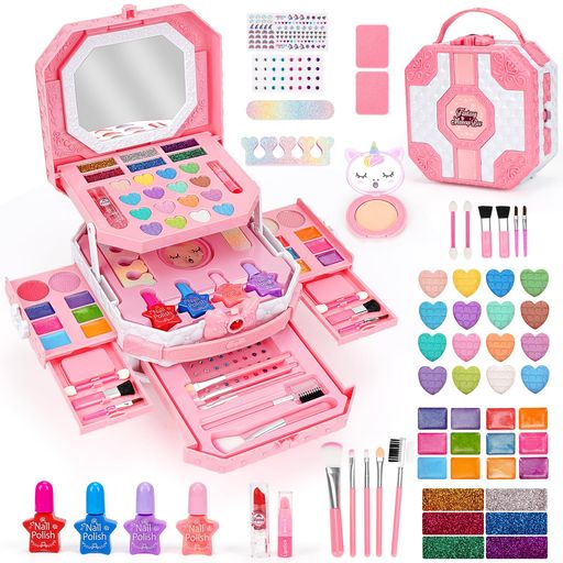メイクセット女の子:この女の子用メイクアップトイセットには、マットアイシャドウ、グリッターメイクアイシャドウ、チーク、ネイルポリッシュ、ネイルステッカー、リップスティック、フェイスパウダー、メイクアップスポンジ、ネイルファイル、フィンガーセ...