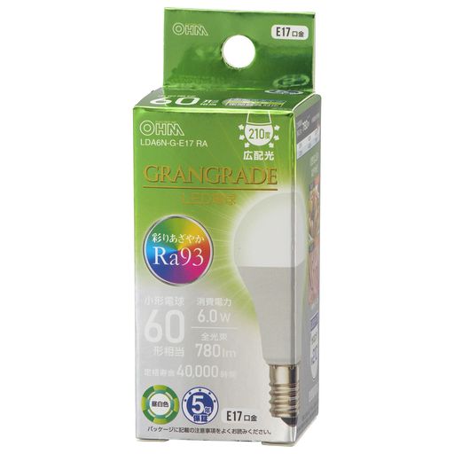 【特長】◆彩りあざやかRa93「GRANGRADE」LED電球◆自然光に近いあざやかさ◆小形電球60形相当の明るさ◆光の広がり約210°の広配光タイプ◆密閉器具対応◆断熱材施工器具対応◆昼白色◆口金E17◆LED5年保証対象商品 【仕様】◆...