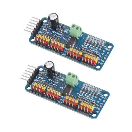 自作ロボットを作る際に必要な起動装置のモーターを制御するモータードライバーです。PCA9685、16チャンネルPWM出力ドライバー掲載基盤に、I2Cでマイコンボードと接続できます。 マイコンボードのI2Cに接続して16台までのサーボを制御出...