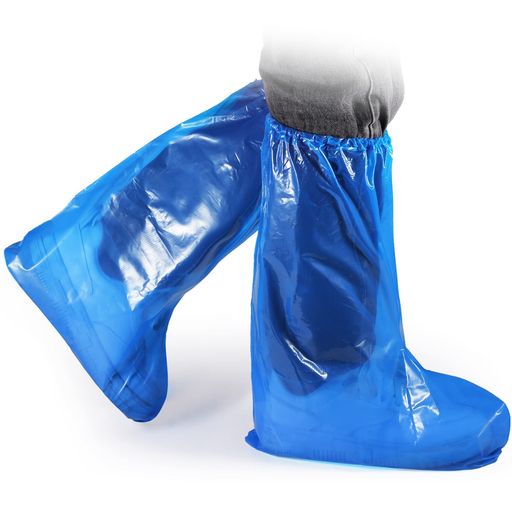 長さ改良&amp;立体設計:使い捨てブーツカバーは膝下までカバーするロング丈で、靴への水の侵入を抑えます。使い捨て防水シューズカバーの立体設計で足先とかかとにぴったりフィットし、履いている間に脱げにくい仕様です 使い捨てレインシューズカバー...