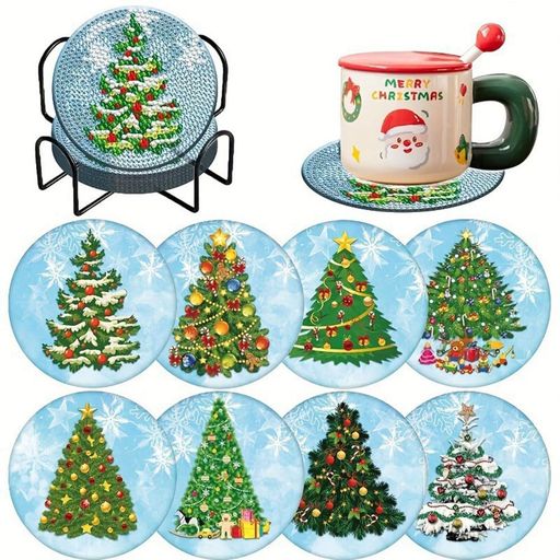 クリスマステーマのダイヤモンドアート・コースター クリスマス柄のコースター8枚セット。創作に必要な道具がすべて揃っており、十分な量のカラーストーン、粘土グルー1個、ダイヤモンドペン1本、ビーズトレイ1個、コースター 収納ホルダーx1個、が付...