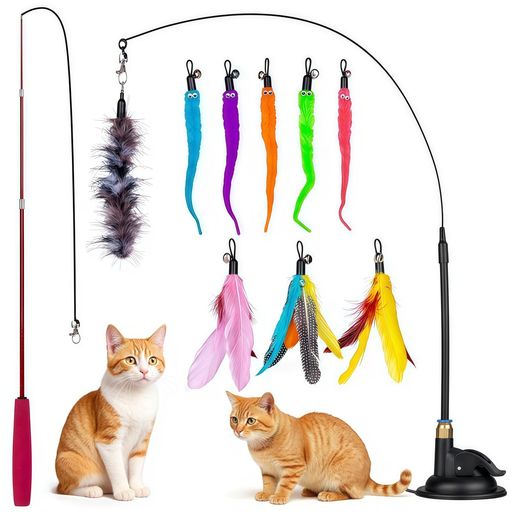 インドア 【吸盤式と釣り竿式の2Way猫じゃらしセット】本猫おもちゃセットは、吸盤で固定できるタイプと、伸縮式の釣り竿タイプの2種類の猫じゃらしがひとつになりました。ワイヤーや釣り糸でおもちゃを固定すれば簡単に揺らすことができ、ねこの気持ち...