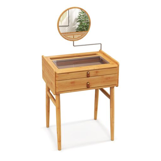 星(塗り潰し)【素材】バンブー、PE藤、ガラス、ステンレススチール;【化粧台のサイズ】約幅60x奥行48.5x高さ125cm;【重量】約15kg【鏡の直径】30cm【耐荷重】天板10kg、引き出し5kg 【ちょうどよい収納】幅60cmの天板...