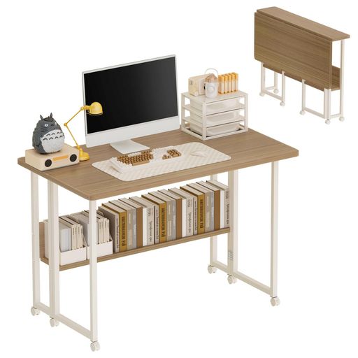 【折りたたみ&amp;コンパクト】このオフィスデスクは、天板下の仕掛けに軽く触れるだけでスムーズに収納でき、使わない時はコンパクトに畳めるので、物置やキッチンの隅、ソファ横など狭いスペースにもすっきり収まります。シンプルで洗練されたデザイン...