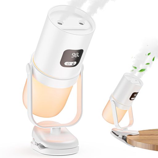 【卓上加湿器・Wデュアル噴霧で360°しっかりうるおい】超音波Wデュアル噴霧口から立ち上る微細なミストが、デスクまわりをムラなくすばやく潤します。水滴が大きくならないので、書類やPCを濡らす心配ゼロ。取り外し可能なクリップ付きベースで上下4...