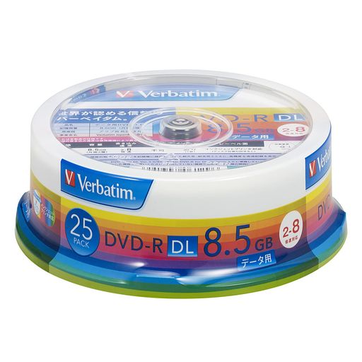 品種:データ用 DVD-R DL 容量:8.5GB 1回記録用 盤面印刷:○(ホワイト) / 範囲:22mm-118mm(ワイド) 倍速:2-8倍速、ケース:スピンドルケース、入り数:25枚 グリーン購入法:適合、 CPRM対応:非対応