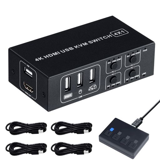 【4入力1出力 HDMI KVMスイッチ「安定型」】4台までのパソコンを、1セットのコンソール(キーボード・ディスプレイ・マウス)から操作できるPC切替器(CPU切替器)です。コストの削減とデスク周りの省スペース化を実現します。快適で効率よ...