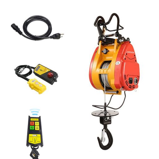 【仕様】最大積載重量:500KG、ワイヤー長さ:30M、ワイヤー直径:5MM、電源:AC110V/1800W、リモコン:60M以内に適用(AAA電池に適用)、巻き上げ速度:19m/min、本体重量:約11KG、適用環境:10°C~40°C(...