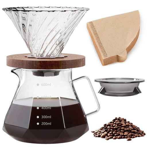 【高品質】コーヒーサーバーとコーヒードリッパーは高ホウケイ酸ガラス製で、臭いがなく、BPAフリーで、残留物が残りにくく、お手入れも簡単です。ベースは高品質のクルミ材とシリコンで作られています。V60コーヒーフィルター漂白剤を一切使用していな...