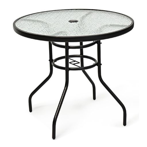 ⭐素材:脚:鉄(粉体塗装);天板:強化ガラス ⭐本体サイズ:直径80x高さ72cm⭐パラソルホールサイズ:約直径4cm ⭐本体重量:約8.8kg⭐耐荷重:約50kg ⭐屋外に置ける、雨ざらしもOK!バルコニーやテラス、ベランダやお庭などに設...