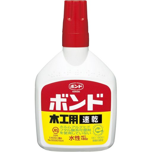 木工 個装形態:ボトル 性状:酢酸ビニル樹脂系エマルジョン形 パッケージ重量:180g 水性、速乾、乾燥後ほぼ透明 乾燥後切削可