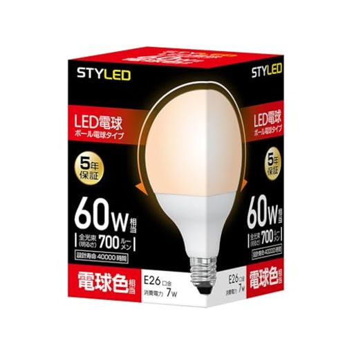 全光束:700lm(ボール電球60W相当)/消費電力:7W/消費効率100.0lm/W 光色:電球色(2700K)・密閉器具:非対応 設計寿命:40000時間(設計寿命は保証値ではありません) 本体サイズ:直径95x高さ139ミリ 配光角:...