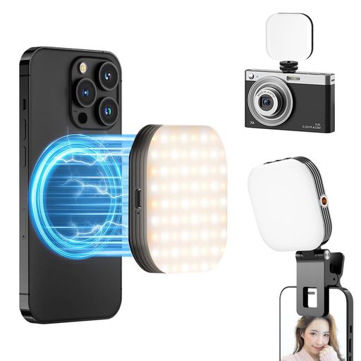 【強力マグネット式スマホライト】撮影用ライトはスマートフォン背面に直接吸着する内蔵強力マグネットを採用。撮影中やライブ配信中でもズレることなく安定使用が可能。非磁気対応端末には付属のマグネットリングを貼るだけで簡単吸着して設置できます。(※...