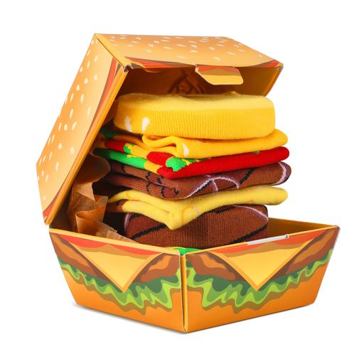 おもしろバーガーソックス:あなたはハンバーガーの大ファンですか。ハンバーガーボックスに靴下があると誰が思ったでしょう。製品が紙に包まれている彼と、レストランからまっすぐにハンバーガーのように、カラフルなオリジナルの箱に包まれています。驚くべ...