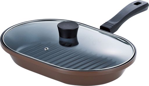 魚やステーキの焼き 商品サイズ:約 幅41.1x奥行33.8x高さ10.1cm、重量:約1540g 鍋の高さ:5.3cm 本体:アルミニウム合金、内面:ふっ素樹脂加工、外面:焼付け塗装、ハンドル:フェノール樹脂、ガラス蓋:強化ガラス 生産国:韓国