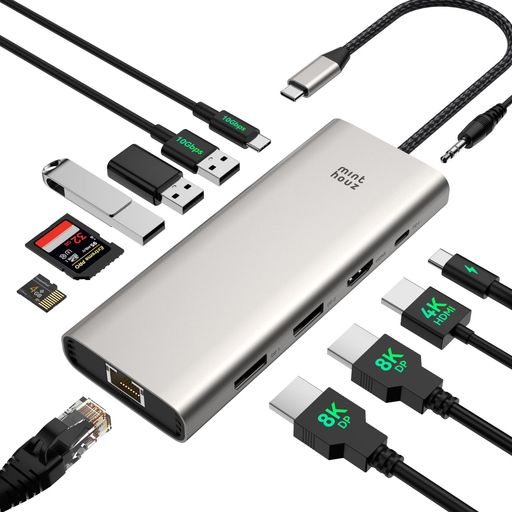 【⭐12-IN-1 USB Cドッキングステーション 】12 in 1 usb cドッキングステーションは、1*HDMIポートと2*DisplayPortを備え、8K/4K 3画面出力をサポートします。PD 100W高速充電、2.5Gbps...