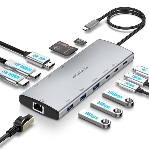 12-in-1USBCドッキングステーション:最大85W出力のUSBPowerDeliveryに対応したUSB-Cポート、2つのUSB-Cデータポート、3つのUSB-Aポート、2つのHDMIポート、ディスプレイポート、1Gbpsイーサネット...