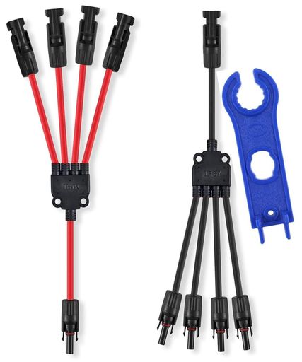 Yソーラーコネクタの仕様:ソーラーコネクタケーブルワイヤーゲージ10AWG、コネクタの全長:36cm、定格電流:30A。オス1個右向き矢印メス3個(M/FFF)、メス1個右向き矢印オス3個(F/MMM)(1ペア、赤+黒)。ソーラーパネル3枚...