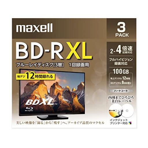 規格:BD-R 録画タイプ:1回録画 記憶容量:100GB(片面3層) 録画時間:BSデジタル 8時間40分(520分) 地上デジタル 12時間(720分)