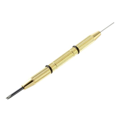 サイズ:直径7x長さ125mm 重量:約20g 材質:真鍮・炭素鋼 機能:バネ棒外し(Y型)、ピン抜き(直径0.8x18mm)、精密ドライバー(+00・-1.8mm)