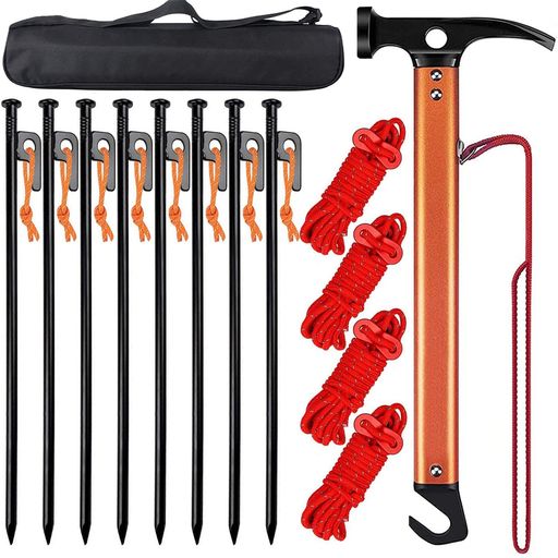 【14点セット内容】1個ペグハンマー + 8個30cm鍛造テントペグ + 4個反射材テントロープ + 1個収納袋 【頑丈&amp;軽量】頭部と下部とは高炭素鋼材料を採用して、炭素含有量が高いので、強度が強くて、硬度も高くて、非常な耐久性にな...