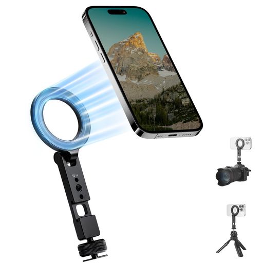 【コールドシューと1/4ネジ穴付き】スマホホルダーは2つの1/4ネジ穴とコールドシューを装備しております。三脚や雲台、自撮り棒などに接続して撮影に使用できます。別途1/4インチネジのホットシューマウントをホルダー底部に取り付けることで、カメ...