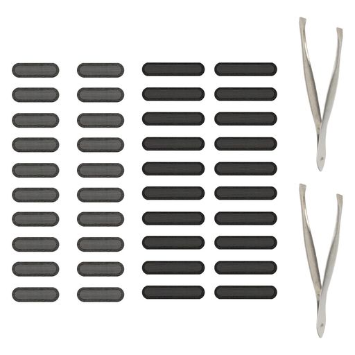 色:黒サイズ:22x5mm(0.87x0.2インチ)、16x5mm(0.63x0.2インチ)同梱内容:防塵ネットステッカー40枚、ピンセット2本 高耐久性:高密度繊維素材で軽量ながら頑丈です。端の捲れがなく、見た目もスマートで電子機器へのほ...