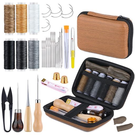 【初心者向けの革工具セット】:手縫い針、6色蝋引き糸、測定尺、千枚通し、指ぬき、革用針、はさみなど。レザークラフトの基本的なニーズを満たす、お得なレザーツールセット。 【使いやすい】:レザークラフトに必要な道具がたくさん入っています。 初心...