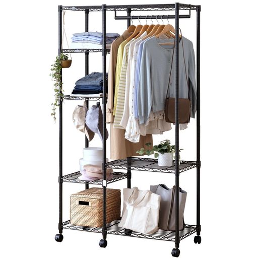 本体サイズ(約):幅98.5x奥行46x高さ179cm 本体重量(約):18kg 全体耐荷重(約):380kg その他耐荷重(約/枚/本):置き棚30kg、通常シェルフ80kg、ハンガーポール20kg 素材・材質:スチール(ハンマートーン塗装)