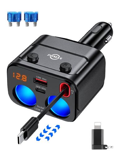 【シガーソケット車載充電器 2連増設 】シガーソケット車載充電器 シガーソケット 2連、USB-A、USB-C、Type-C巻取りケーブルを内蔵し、最大80cmまで伸縮可能です。シガーソケット 増設 のため、最大186W供給、あらゆる機器に...