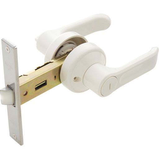浴室用バックセット100mmの取替錠 緊急時は、外からコインで解錠できます。 内締式なので、入浴中は室内側からロックできます。 材質:樹脂製(レバー部) 扉厚:22~32mm バックセット:100mm 本体ビスピッチ:44mm フロントビス...